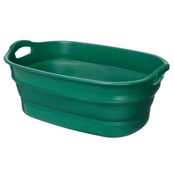 伊勢藤(ISETO) バスケットカゴ ソフトタブプラス グリーン 23L 幅60.0×奥行40.0×高さ10.0~24.6cm 日本製 折りたたみ 水抜き栓付き 洗濯かご アウトドア 大容量 中型犬 コンパクト収納 ペット用バスタブ つけ置...