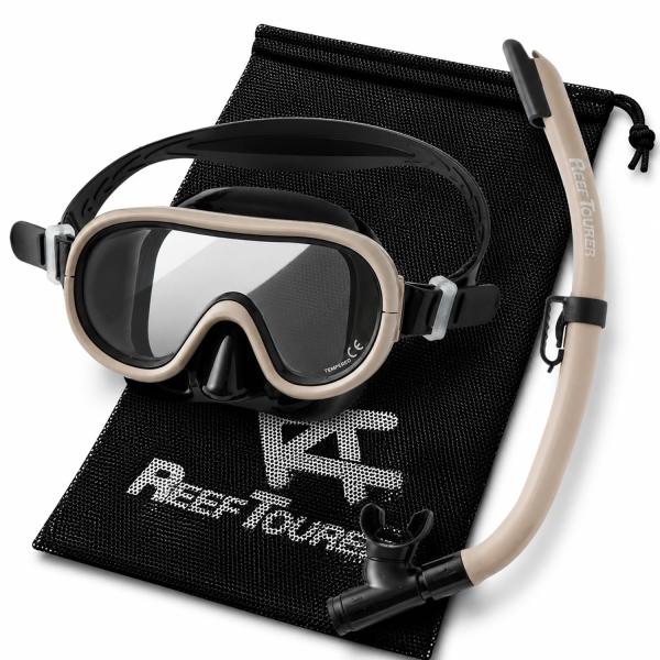 リーフツアラー(REEF TOURER) メッシュバック付 シュノーケリングセット 子ども(4~9歳向)用 パノラマ広視界シュノーケルマスク+波よけガード付きシュノーケル タン RC0203 ・シュノーケリングマスクのサイズ調整って難しそう...