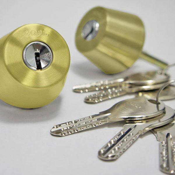 GOAL(ゴール) のAD/GG/GD/GK などの錠に対応する交換用シリンダーです。上下2個シリンダーがあるタイプ用の2個同一キーセット。ディンプルキーV-18シリンダー。キー6本付きです。戸厚、色は選択肢で選択可能です。（スペックによっ...
