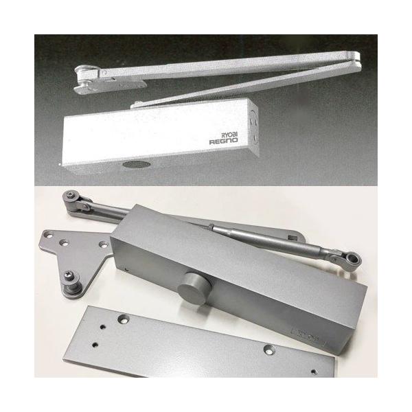 廃止商品となったRYOBI REGNO（レグノ）2000シリーズ（画像上）の交換用ドアクローザーです。基本形は現行の1000シリーズですが、本体取り付けのための背板が付いています。この背板に過去商品と同じビス穴位置の穴が開いていますので、ま...