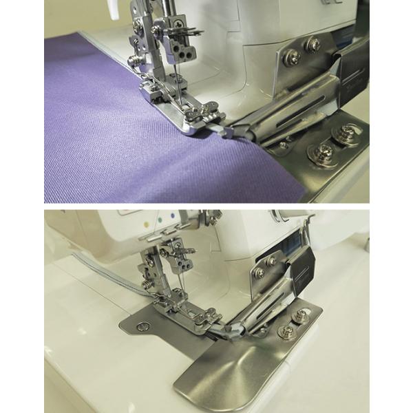 30mm(13/16”) 幅のニットテープを約8mm(5/16”) 幅の四ツ折りにして生地端を縁取ることができます。ニットテープを2 本糸チェーンステッチで縫い付けることができます。テープは自動的に折り込まれ、衿ぐりなど生地端を挟み込みなが...