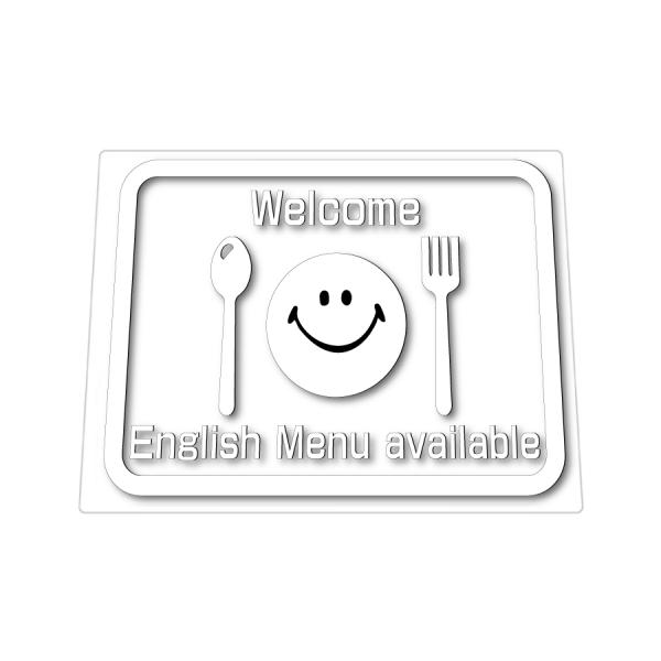 英語対応の案内ステッカーこの1枚を貼るだけで英語話者のお客様にアピールできます！お店のドアや窓に貼ってかわいいスマイルでお出迎え♪透明素材に印刷してあり、貼りやすくなっております。※ステッカー以外は商品に含まれません。★サイズ：横幅9cm、...
