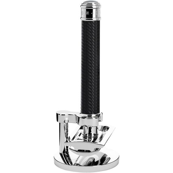 【R89BLACKSET】メタルブラック／ハンドル部の材質は金属。真鍮にブラッククロムメッキを丁寧に施しています。 シックで落ち着いた風合いのあるメタルブラックの両刃カミソリです。スマートにカミソリを保管する専用スタンド付きです。　　【ミュ...