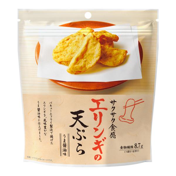 【エリンギの天ぷら】バキュームフライ製法で揚げたエリンギを、風味豊かなうま醤油味に仕上げました。素材の旨味が凝縮されたエリンギの天ぷらのスナックです。