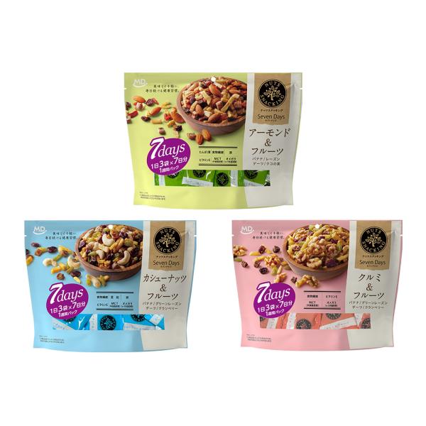 1日3袋で7日分入った7DAYSパック。ナッツとドライフルーツの素材そのままのおいしさを生かしました。糖質コントロールをおいしくお手伝いします。【ナッツスナッキング 7D アーモンド&amp;フルーツ】素焼きアーモンドをメインにレーズン、デ...