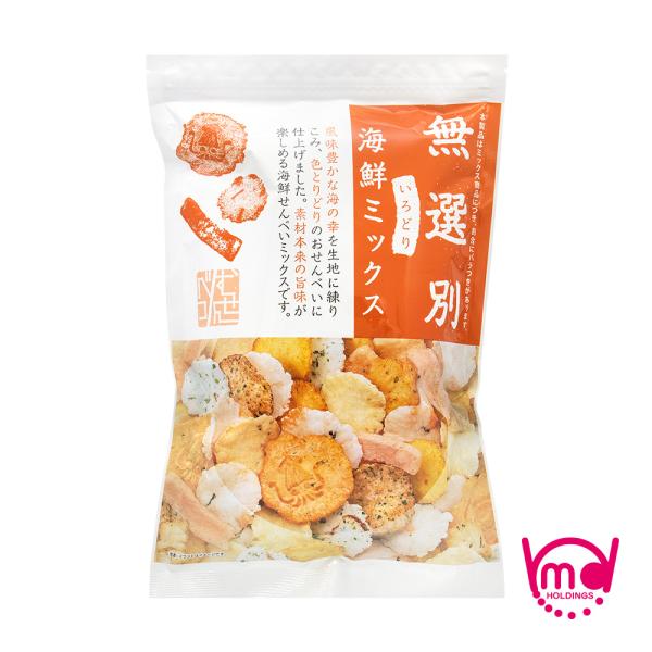 【無選別 いろどり海鮮ミックス】風味豊かな海の幸を生地に練りこみ、色とりどりのおせんべいに仕上げました。素材本来の旨味が楽しめる海鮮せんべいミックスです。