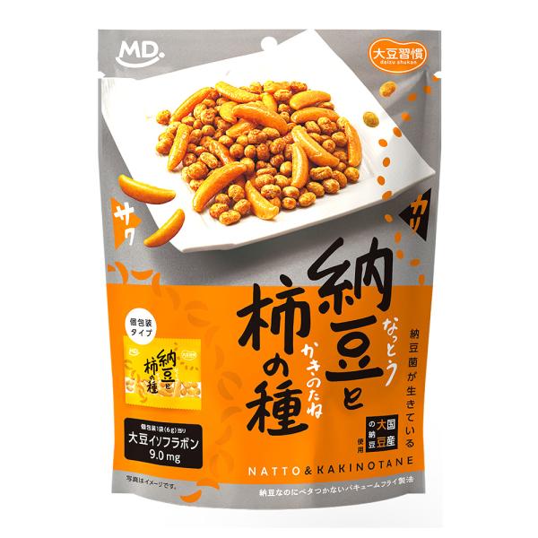【大豆習慣 納豆と柿の種】バキュームフライ製法でカリカリにした納豆と柿の種をミックスしました。カリカリとサクサク、2つの軽い食感と香ばしさがクセになるスナックです。
