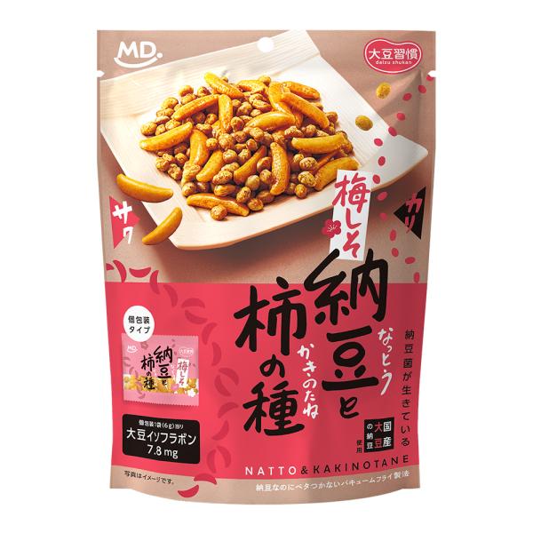 【大豆習慣 梅しそ納豆と柿の種】バキュームフライ製法でカリカリにした梅しそ味の納豆と柿の種をミックスしました。カリカリとサクサク、2つの軽い食感と香ばしさがクセになるスナックです。