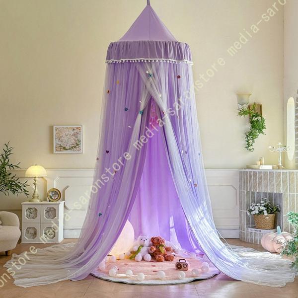 【発売日：2026年01月08日】【商品仕様】上部円形直径65cm、生地高さ240cm、メッシュ高さ270cm、裾周り布地800cm、裾周りメッシュ1000cm【柔らかい肌に優しい素材】このベッドキャノピーは高い品質のポリエステルで作られて...