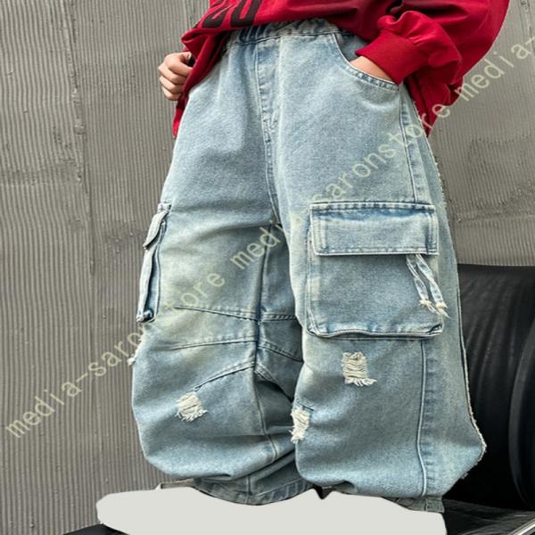 【発売日：2026年01月09日】子供 デニムパンツ 女の子 男の子 ズボン キッズ ワイド パンツ ガールズ ジーパン ロングパンツ 子供服 通園 通学 普段着 ヒップホップ ストリート キッズダンス衣装商品内容：ズボン単品子どもがきやす...
