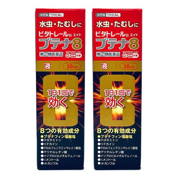 【セルフメディケーション税制 対象品】「ビタトレール ブテナ８液」は８つの有効成分が水虫のつらい諸症状を鎮め、１日１回の使用でよく効きます。効能・効果…みずむし、いんきんたむし、ぜにたむし指定第２類医薬品。※小児に使用させる場合には、保護者...