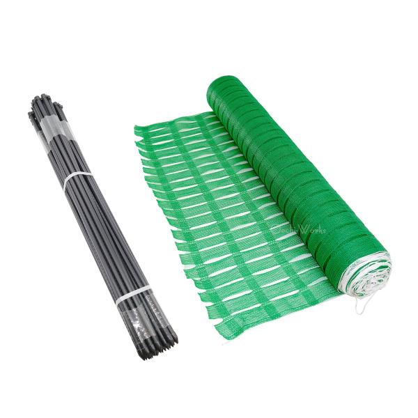 【商品名】グリーンフェンスネット50ｍ＆杭30本セット【ネット】グリーンフェンスネット 1ｍ×50ｍ・・・1本　　　　　　材質：ポリエチレン製【　杭　】Φ20ｍｍ×長さ1200ｍｍ・・・30本　　　　　　材質：強度にすぐれた鋼管（スチールパ...