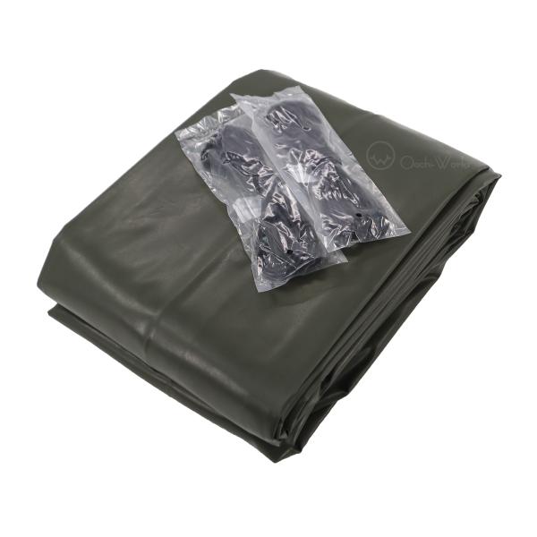 【商品名】トラックシート　OD 国防色　4号【サイズ】2.66ｍ×4.6ｍ【ハトメ】真鍮ハトメ　32個所【重　量】約8.2kg【厚　み】0.5mm【付属品】コードゴム4ｍ×2本【注　意】※付属のゴムバンドによる油ジミがシートに付着している場...