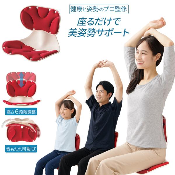 ■商品名腰にピタッと美姿勢チェア■カラーレッド×ホワイト■材質ポリプロピレン樹脂 ポリエステル ポリウレタン樹脂■サイズ縦幅約30.5〜38.5cm 横幅約40.5cm 奥行約32cm 重量約1,115g■原産国:中国製/企画デザイン（日本...