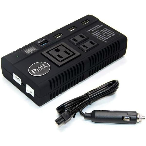 カーインバーター 車載充電器 120W DC12V 24V をAC110Vに変換 カーチャージャー 12V車＆24Vトラック対応 アダプター ACコンセント 3口/2口×3 USBポート×4 シガーライターソケット×2 直流交流変換装置 1...