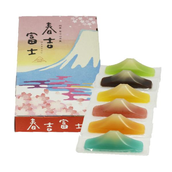 富士山羊かん　春吉富士　6個入り(全6種) 製品詳細【商品名】富士山羊かん　春吉富士　6個入り(全6種)【商品説明】箱を開くとパッと鮮やかな富士山型のようかんが６種類！６種類の味が楽しめる。（小豆、青柚子、ニューサマーオレンジ、桜葉、びわ、...