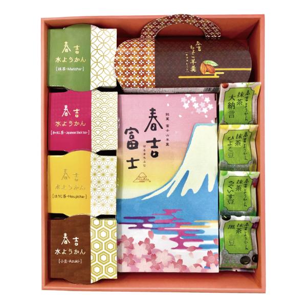 春吉 ギフトセット 4種17個入り 製品詳細【商品名】春吉 ギフトセット【セット内容】◆富士山羊かん 春吉富士・小豆×1個・青柚子×1個・ニューサマーオレンジ×1個・桜葉×1個・枇杷×1個・塩×1個◆春吉 水ようかん・和紅茶×1個・ほうじ茶...