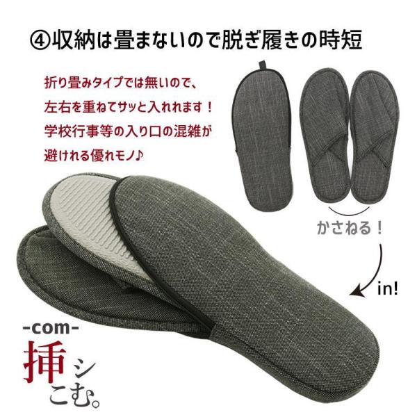 ビジネスバッグやフォーマルバックにサッと入る薄型携帯スリッパです。薄型タイプなので書類の間に挿しこめるのでバッグの中がスッキリ！インソールにはクッションが入っているので、床からの冷えや底つき感が感じにくい。甲にもクッション性があり適度な伸縮...