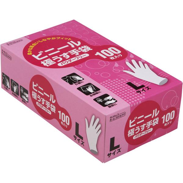 ビニール極うす手袋 粉無Ｌ半透明１００枚入　特売品（数量限定）【規格内容】長さ２３（手首までの長さ２１／中指の長さ８．８）ｃｍ【厚み】０．０５ｍｍ【材質】塩化ビニール樹脂【補足１】粉無【補足２】使い捨て【色】透明【柄】柄無【キーワード】ディ...