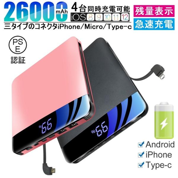 【大容量モバイルバッテリー】26000mAhモバイルバッテリーですので、外出でも電源切れなどは心配いりません。 ご注意：本製品は大容量モバイルバッテリーですので、少し重量があることはご理解のほどよろしくお願い申し上げます。【4台デバイスへの...