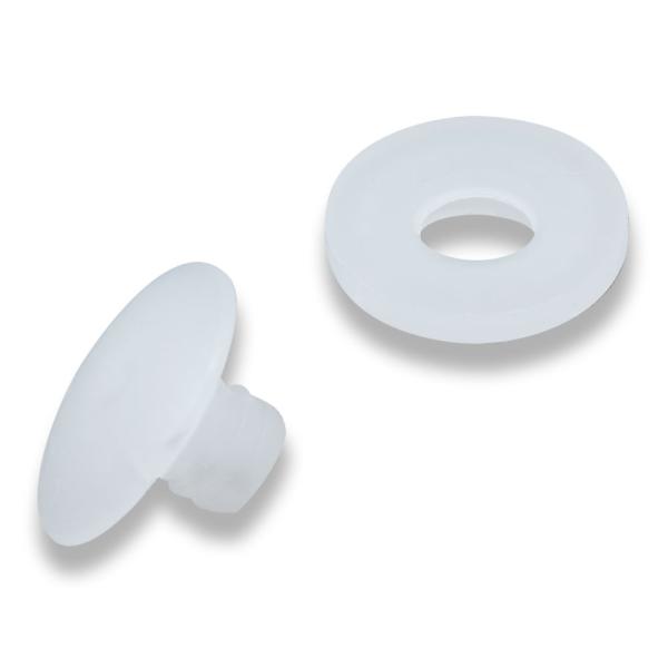 専用の工具は必要なく、手で留められる便利なプラスチック鋲です。オスが二段になっていますので、カン合サイズ1.5mm/2.5mm兼用です。【製品仕様】頭径：12mm間隔（メスネジ部分）：1.5mm/2.5mm適応穴径：5mmカラー：白材質：ポ...