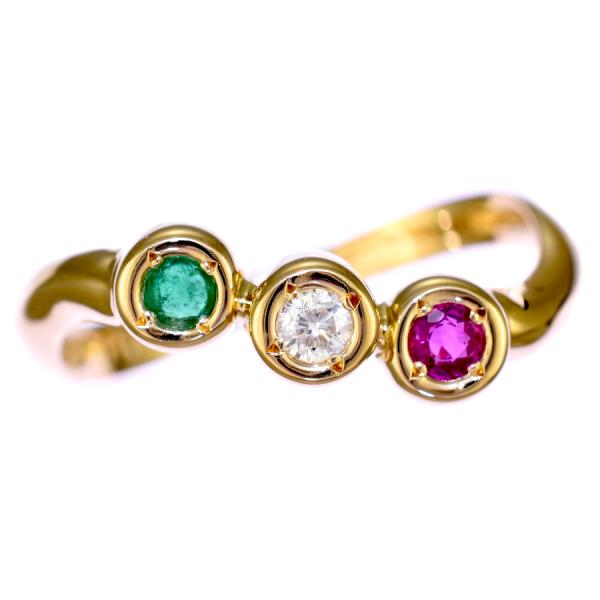 [商品名]：マルチカラーストーンリング[素材]：K18YG[宝石]：ダイヤモンド, ルビー, エメラルド[ランク]：S[状態]：使用感をほとんど感じさせない非常に綺麗な商品です。[サイズ]：リングサイズ:10号<br>モチーフ幅...