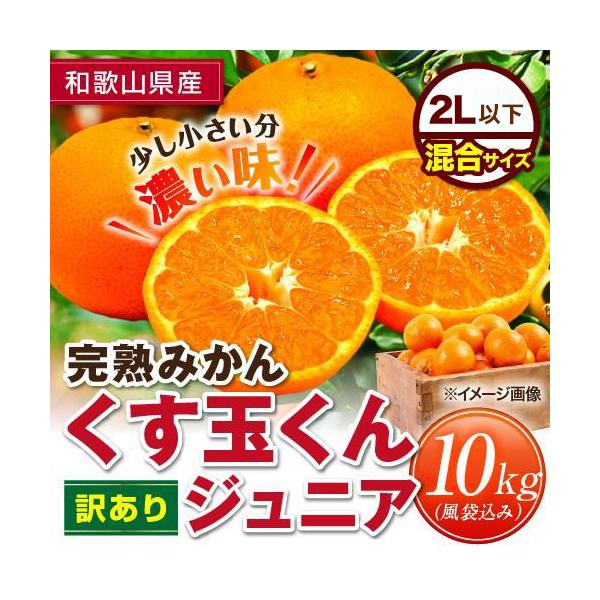 【商品】完熟みかん！くす玉くんジュニア　訳あり蔵出しみかん【内容】10kg入【賞味期限】生ものですので、お早目にお召し上がりください。【保存方法】冷暗所【原材料】みかん【産地】和歌山県産【品質管理】当店では品質管理に万全を期すため、人手をか...