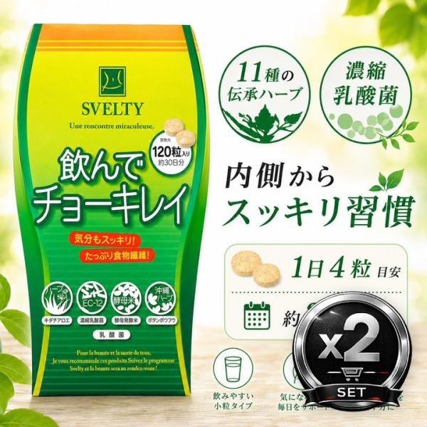 ≪送料無料！2個セット！≫<hr>スベルティ 飲んでチョーキレイ 120粒は、毎日のスッキリ習慣をサポートするサプリメントです。11種の伝承ハーブや濃縮乳酸菌EC-12、酵母発酵米などを配合しています。伝承ハーブにはキダチアロエ...