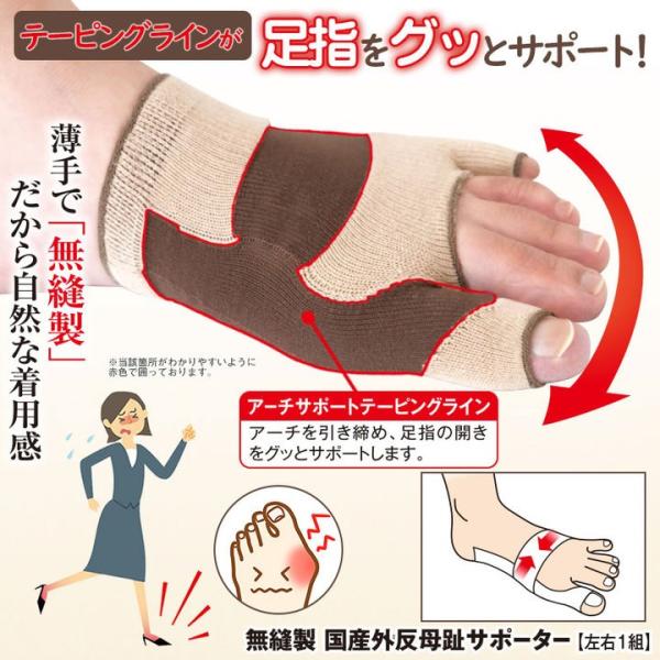 外反母趾の痛みや足元のトラブルを軽減。無縫製設計により、縫製によるツッパリ感がなく、長時間の使用でも快適にお過ごしいただけます。親指と小指をしっかりサポートするテーピングラインが、足指を自然に開き、足元の血行を促進します。サポーターは、縦方...