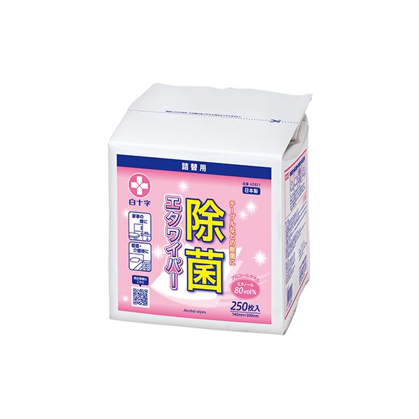 アルコールタオル　エタワイパー・80vol%エタノール含浸済の除菌用アルコールワイパー。・主成分は揮発成分のみのため、機材清拭後は成分の残留がありません。製品名：エタワイパー（詰替）　250枚入規格：140mm×300mm　80vol% エ...