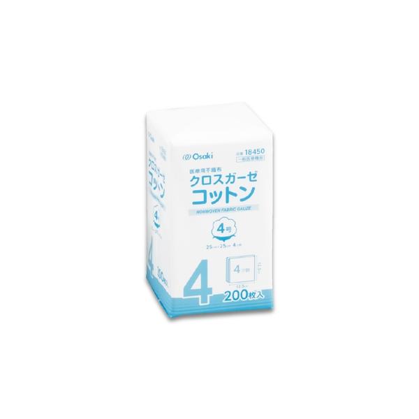 【特徴】綿100％で、処置用不織布ガーゼとしても使用できます。綿ガーゼの約1.5倍の吸収量があります。【仕様】種類：4号型番：18450サイズ：25×25cm 4Ply素材：綿100％入数：1包200枚 医療機器届出番号：23B2X1000...