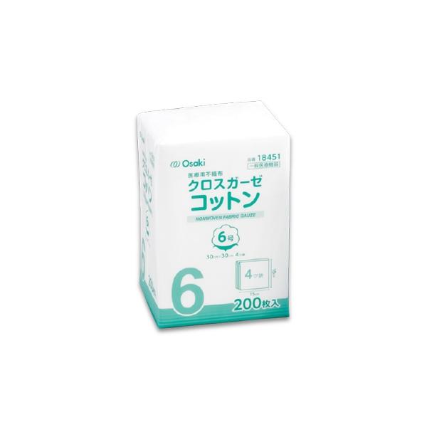 【特徴】綿100％で、処置用不織布ガーゼとしても使用できます。綿ガーゼの約1.5倍の吸収量があります。【仕様】種類：6号型番：18451サイズ：30×30cm 4Ply素材：綿100％ 4ツ折タイプ入数：1包200枚 医療機器届出番号：23...