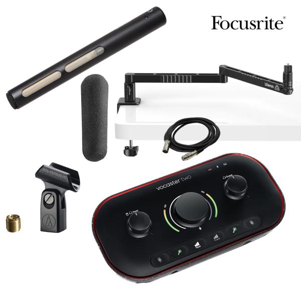 音量がしっかり稼げる 高出力マイクプリアンプ内蔵 マイク入力２系統配信＆ミラーレス一眼向きオーディオインターフェイス【セット内容】Focusrite Vocaster Two/コンデンサーマイク ガンマイク AT875R(マイクホルダー,ウ...