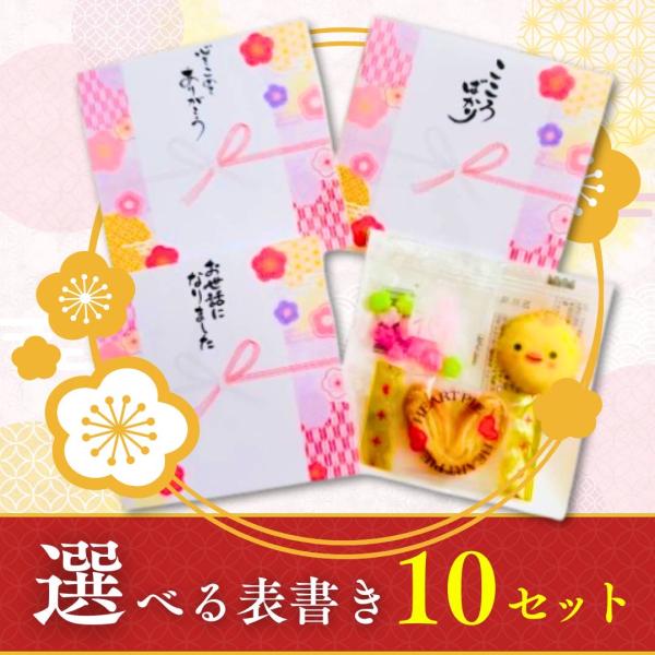 ちょっとしたお礼につかえるプチギフト10セットにしてお届け致します♪表書きは・お世話になりました・こころばかり・心をこめてありがとうからお選びいただけます♪手のひらサイズの袋に・ハートパイ１袋・金平糖１袋・アニマルクラッカー１袋が入っていま...