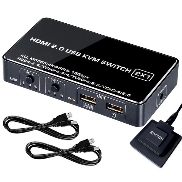 ELEVIEW KVMスイッチ HDMI 4K@60Hz パソコン2台 モニター1台 切り替え キーボード＆マウス共有 省スペース化 アルミ合金筐体 高安定 手元スイッチ＆USBケーブル付き【EHD-601N】【PC2台 モニター1台 切り...