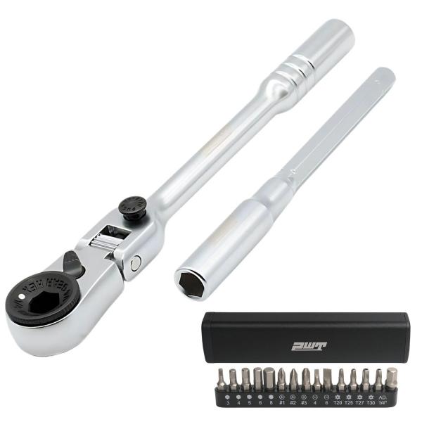 Style:ビットラチェット 長さ5インチ PWT フレックスビットラチェット セット 日本メーカー ラチェットレンチ ビットセット 15点 1/4インチ フレックスヘッド T型ハンドル対応 工具セット 小型ケース付き C14RBD15SE...