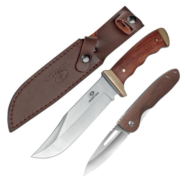 MOSSY OAK ナイフセット シースナイフ＆折畳みナイフ アウトドアナイフ フルタング構造 天然ウッドハンドル 木目様ハンドル 全長275mm＆166ｍｍ 登山 キャンプ トレッキング 釣り 家庭用 DIY用 防災用 専用シース付き【商...