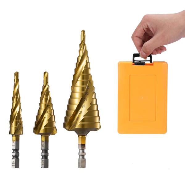 無敵 三枚刃ステップドリル 3本セット 6.35mm六角軸 たけのこドリル スパイラルドリル チタンコーティング 超高硬度 普通鋼用 木材用 4-12mm/9段 4-20mm/9段 4-32mm/15段【良質な素材】超高硬度のハイス鋼素材で...