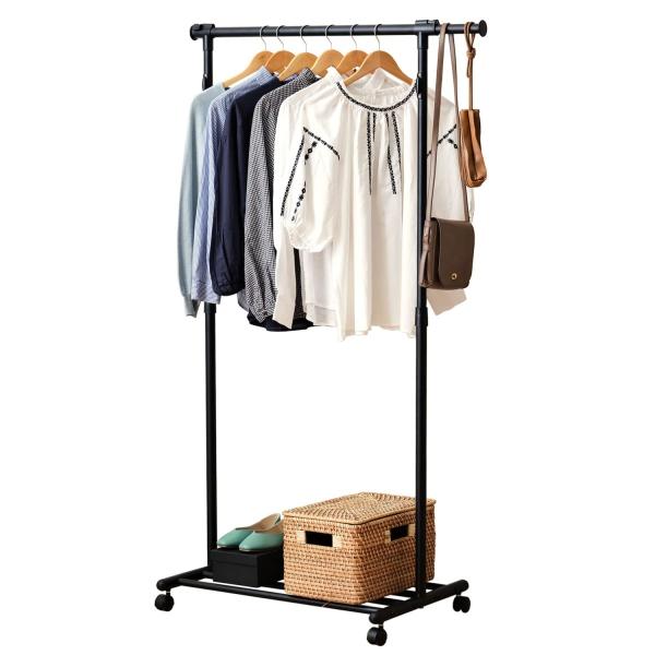 Color:ブラックB_Style:楽ちん上げ下げハンガーシングル ドウシシャ ハンガーラック 楽ちん上げ下げハンガーシングル 黒 頑丈 全体耐荷重40kg 幅80~129.5×奥行47.5×高さ107~161cm 縦横伸縮 下棚付き キャ...