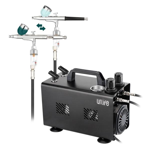 urlife HPCube 2色 エアブラシ コンプレッサー 2本 セット 素早く色替え エア圧力が独立して調整可能 1Lタンク付き 安定した空気圧力 エアーブラシ 静音 パワフル 長時間連続作業可2本同時使用可能：HPCubeエアブラシセ...