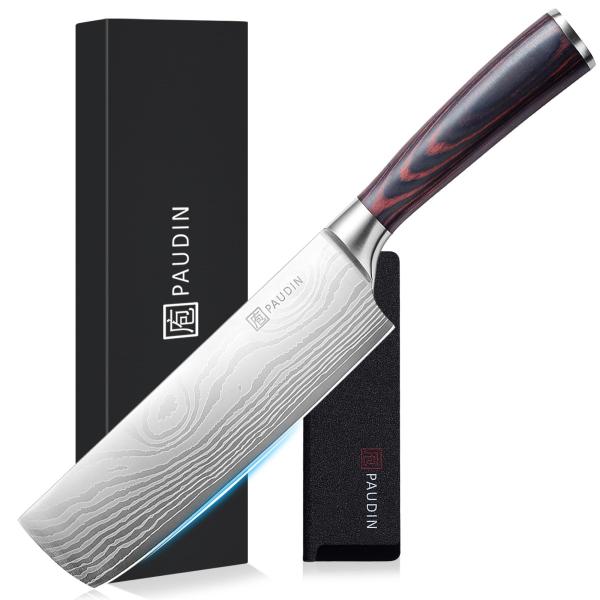 Size:165mm PAUDIN (パウディン) 菜切り包丁 165mm 鞘付き かたい野菜を切る よく切れる包丁 肉切り 野菜包丁 ダマスカス模様 両刃 左利き対応 高炭素ステンレス キッチンナイフ ギフト プレゼントオススメ【和洋中な...