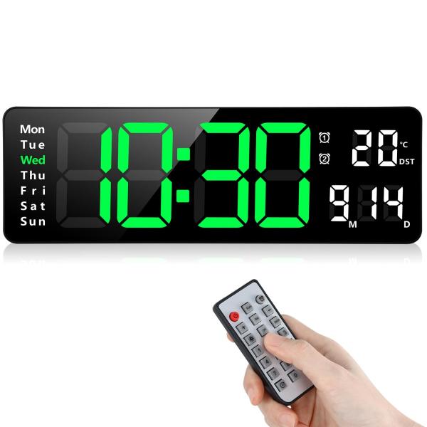 Color:グリーン 13" Koolertron デジタル時計 大画面 LED 目覚まし時計 壁掛け/卓上両用 12/24時間/日付/曜日/温度付き アラーム機能付き 明るさ調節可能 USB電源 リモコン操作付き 家庭用/オフィス用/教室...