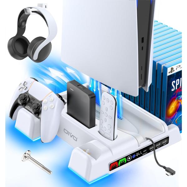 【PS5 Pro/PS5 Slim/PS5対応】新型PS5 縦置き 冷却 スタンド 3段階ファン速度調整 OIVO 2台PS5コントローラー充電 PS5熱暴走対策 LED充電指示ランプ ヘッドセットフック ディスクドライブとリモコン 収納 ...