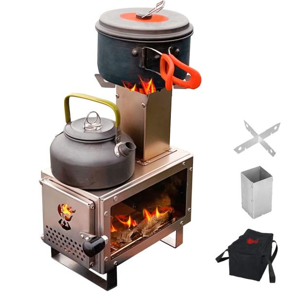 UPF 薪ストーブ 新昇級 1台2役 バーベキュー コンロ キャンプ 耐熱ガラス窓付き 焚き火台 ステンレス鋼 ロケットストーブ 煙突付き 小型 ソロストーブ ミニ薪ストーブ コンパクト アウトドア ストーブ BBQ 調理 暖炉 1-2人用...