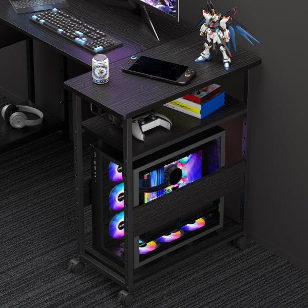 Color:ブラック 【幅30×奥行60×高さ70cm】パソコンワゴン キャスター付き pcラック 3段 プリンター台 パソコンラック キャスター付き pcラック 棚板高さ9段階調節 両側取っ手付き サイドデスク 木製 デスクサイドワゴン ...