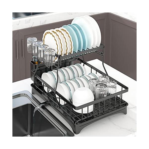 Style:ブラック_Size:2段?自動排水A SVOHZAV 水切りラック 横置き 水切りかご 錆びない 2段式 自動排水 大容量 ディッシュラック キッチン収納 水が流れる 食器乾燥 皿立て 箸収納 包丁スタンド まな板立て 組み立て...