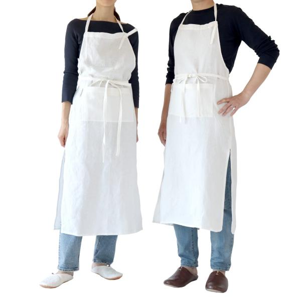 Color:ホワイト [家族収納] フランス産リネン100% 素材にこだわったエプロン ロング おしりが隠れる 天然素材 カフェ風 ポケット付 首掛け シンプル 無地 おしゃれ ノーアイロン サロンエプロン 料理教室用エプロン 麻 男女兼用...