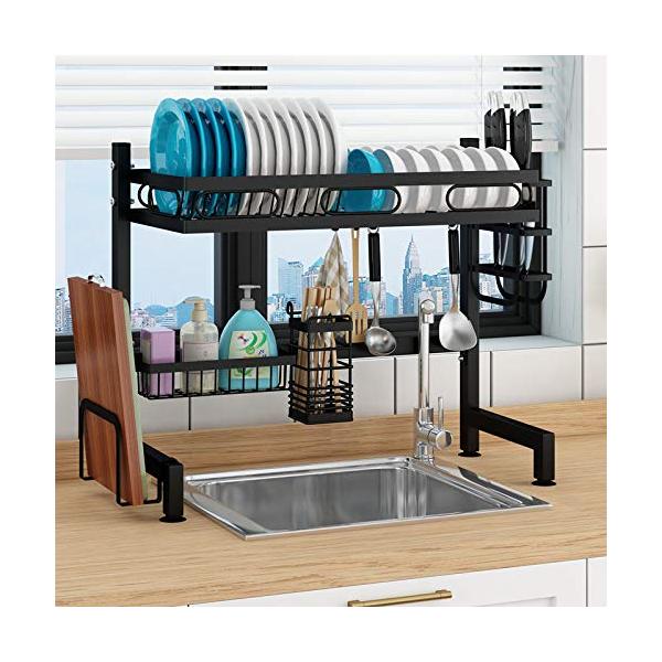 Style:ブラック_Size:シンク上?内寸52cm [一段式] SVOHZAV シンク上かご 食器乾燥 幅55CM 水切りラック 大容量 キッチンラック 省スペース 滑り止め 錆びない 台所用品収納 キッチン収納棚 多機能 (55*28...
