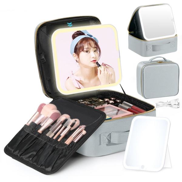 Color:ダスティーブルー メイクボックス Luxspire コスメボックス メイクブラシバッグ LEDライト付き鏡 3色ライト 無段階調光 EVA化粧ポーチ コスメポーチ メイクポーチ 手提げ式 サイズ：26*23*11CMプロ用 仕切...