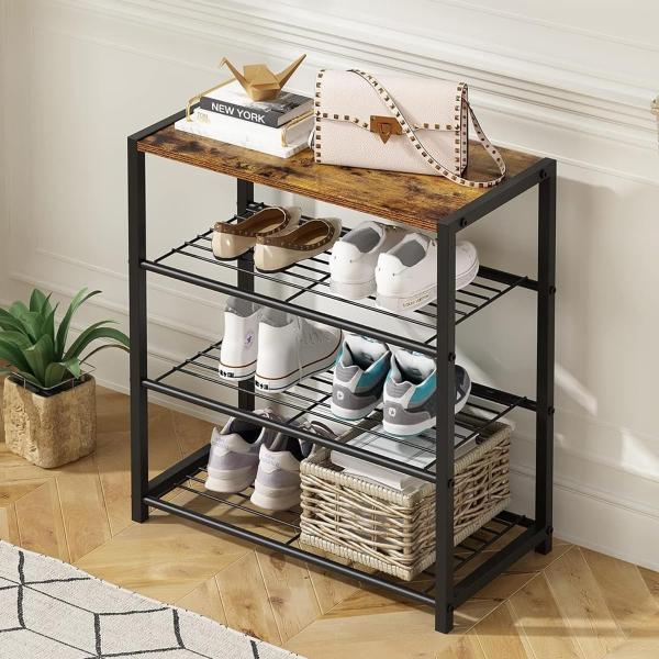 Potphiee シューズラック 靴棚 下駄箱 4段 幅60 スチール オープンシェルフ 靴置き 靴箱 玄関 靴 収納 スリム おしゃれ 靴入れ 棚 省スペース ブラック【多目的棚】シューズラックだけではなく、お部屋の収納家具としても使えま...